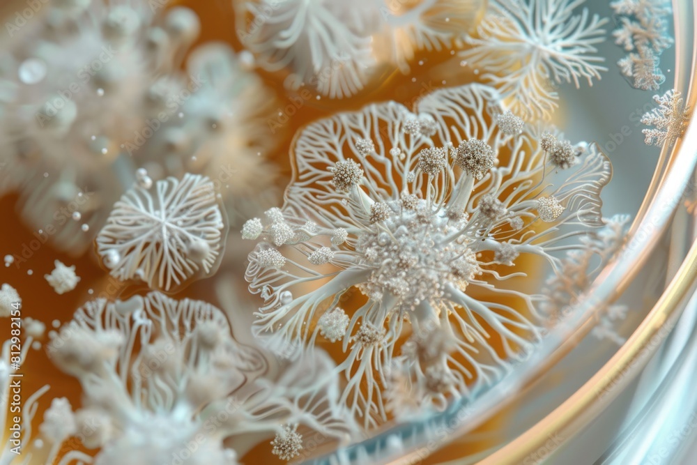 Petri dish, showing various stages of bacterial and fungal growth ...