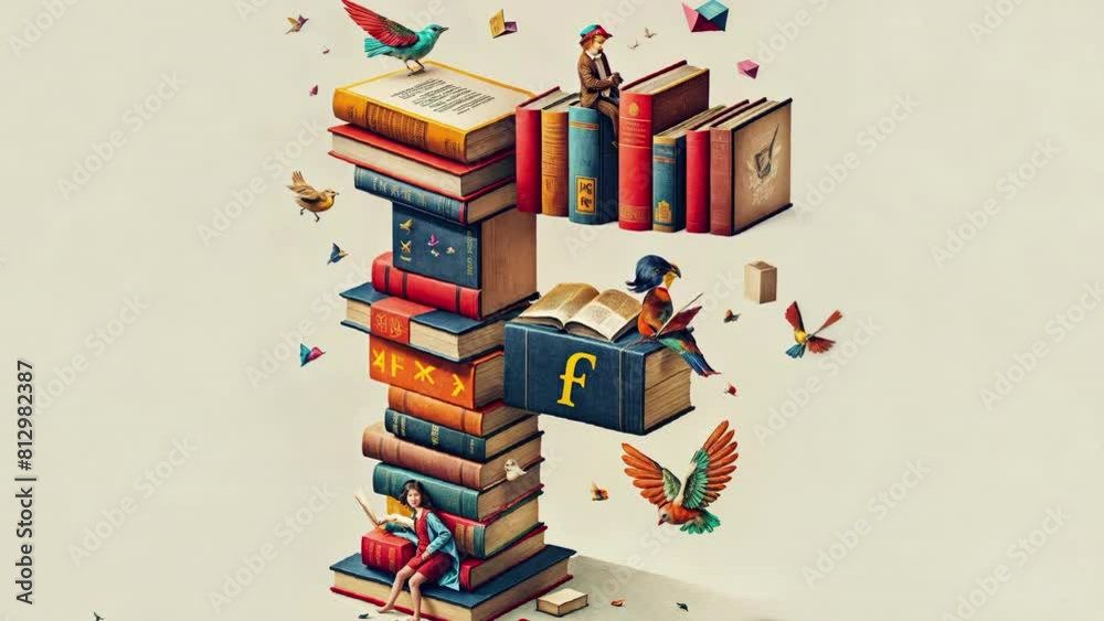 animation - Isometric letter F formed by stacks of books with people ...
