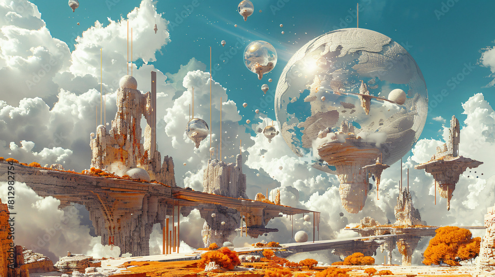 A surreal landscape featuring surrealistic elements such as floating ...