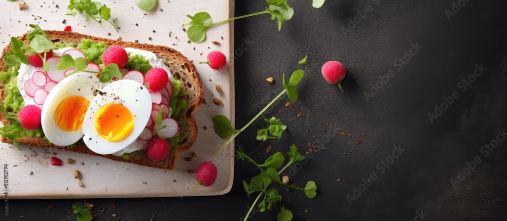 Top view copy space image of a spring themed toast with radish and eggs ...