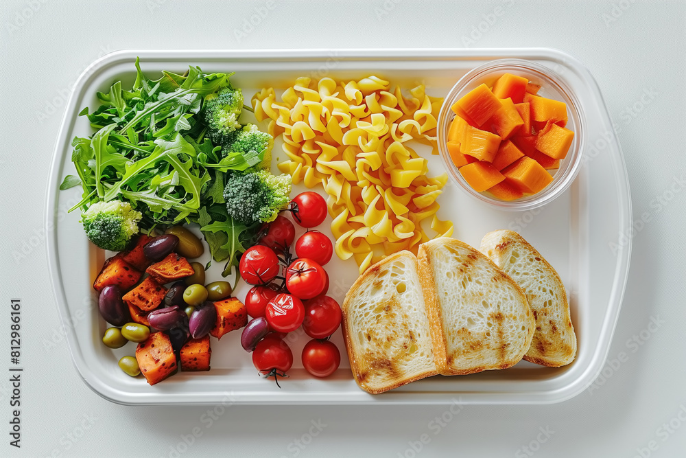 Unappetizing school lunch on a plastic tray. Unappealing airplane or ...