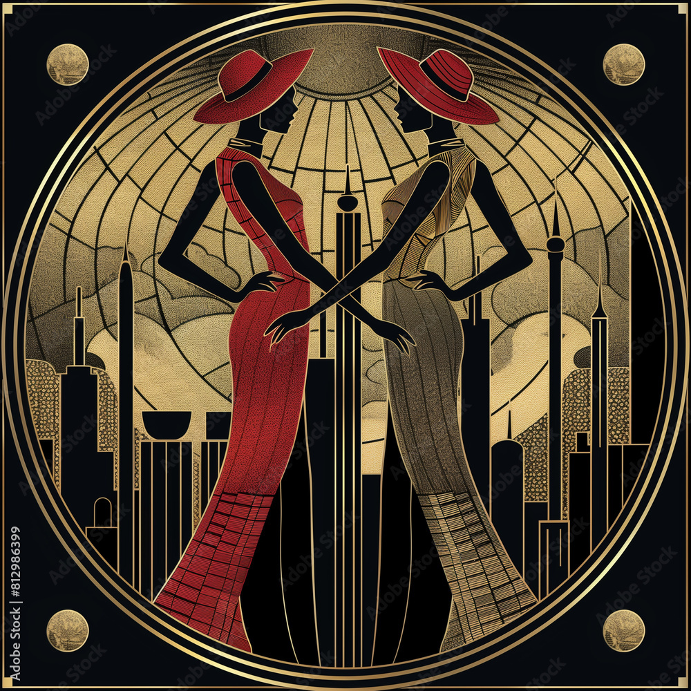 Art Deco style logo, stylized figures of two women in flapper dresses ...