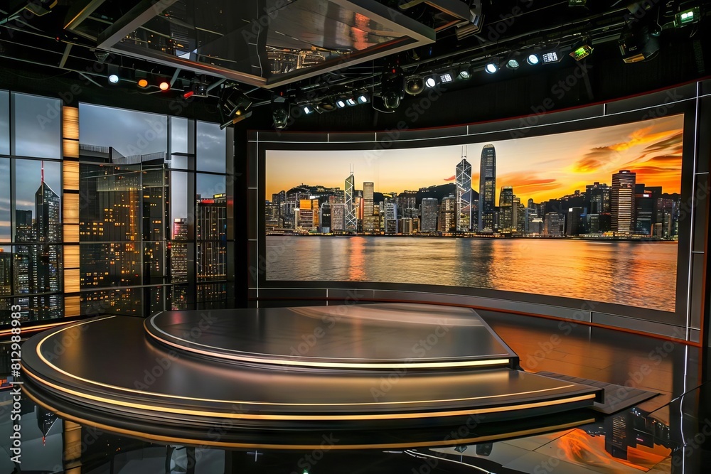 television news studio with large screen display and modern set design ...
