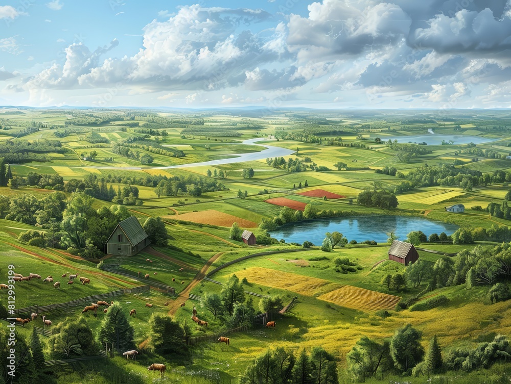 Picture a mesmerizing digital illustration of a birds-eye view ...