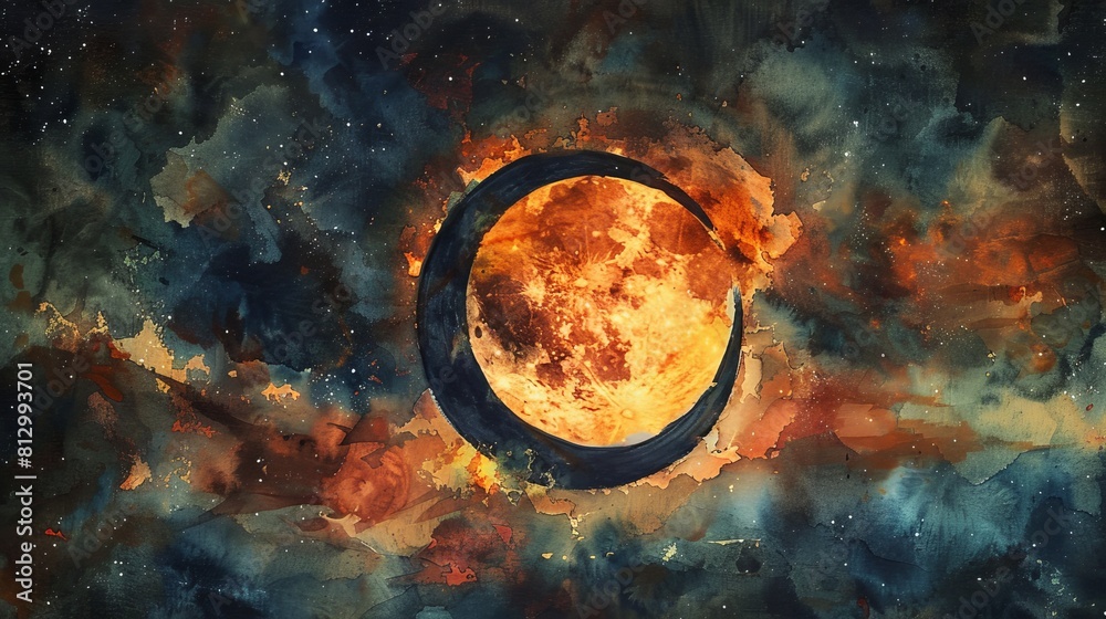 Ethereal watercolor painting of a solar eclipse, an orange corona ...