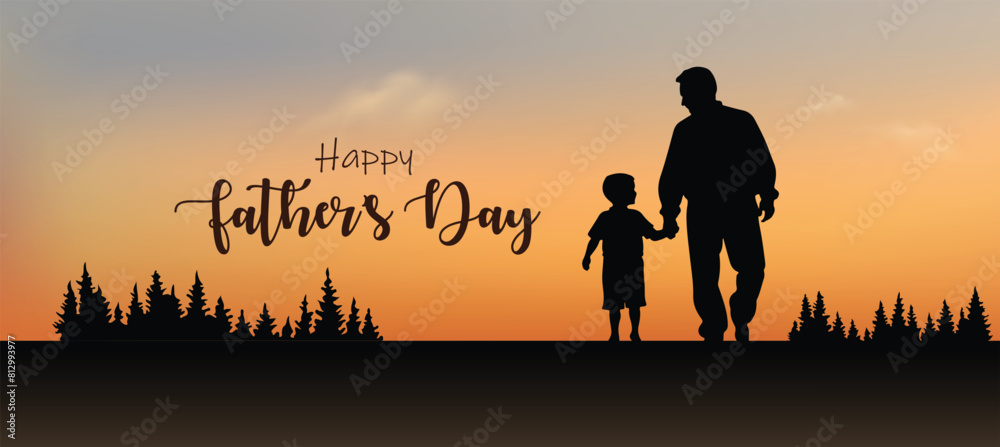 happy father's day father holding son hand walking in sunset vector ...