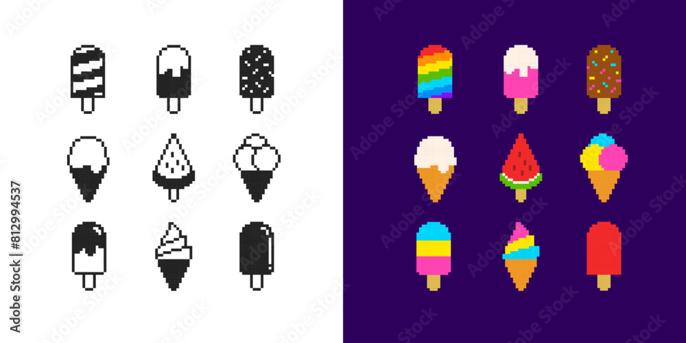 Pixel Art Ice Cream colorful icons pop art poster in retro game style ...