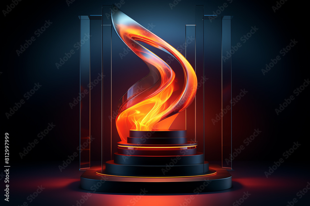 Showcase product podium surrounded by flames side view emphasizing ...