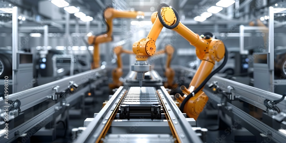 Interior of a factory featuring a robotic assembly line for ...