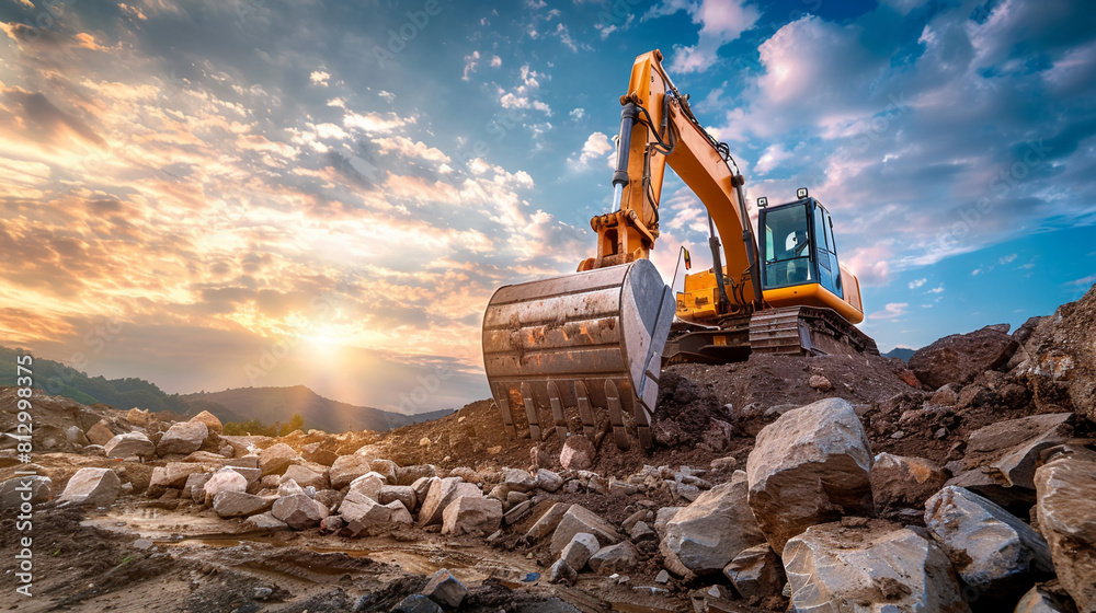 Heavy machinery in action with a bulldozer maneuvering rocks into a ...