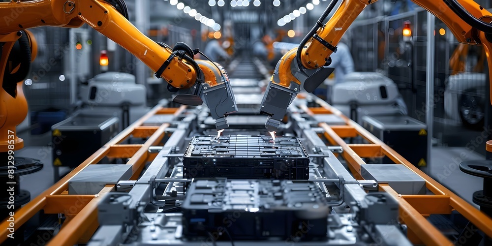 Closeup of electric vehicle battery cell assembly line in mass ...