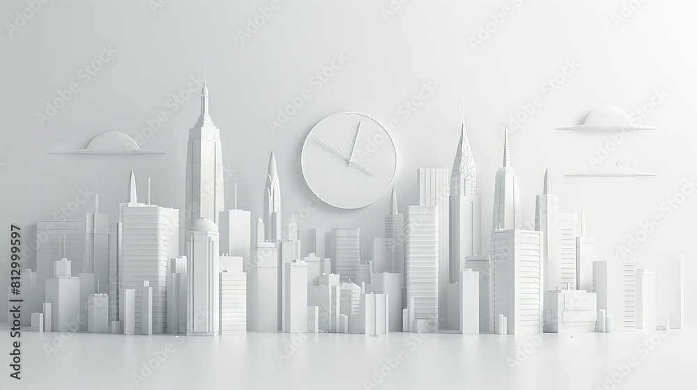 3D minimalist cityscape with NetZero emissions numberless clock, sleek ...