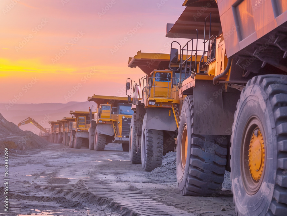 Large mining trucks line up at dawn, ready for operation in a dusty ...
