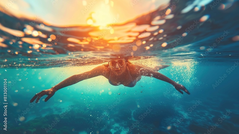 The image shows an underwater view of a swimmer moving dynamically just ...