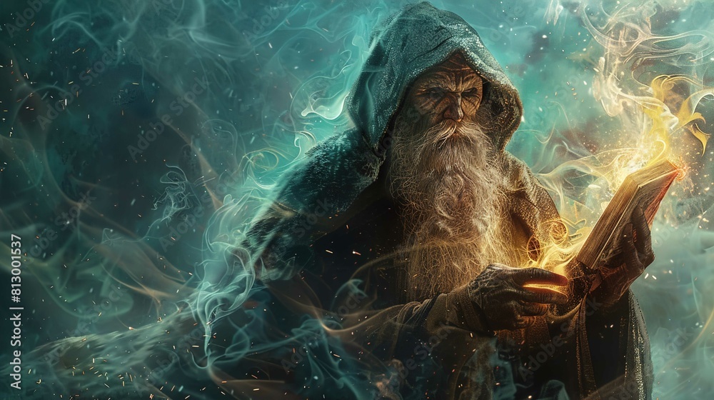 An elderly wizard with a long, full beard and intense gaze is depicted ...