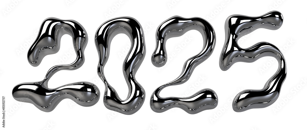 Happy New Year 2025 text design. 3d chrome liquid font. Letters with ...