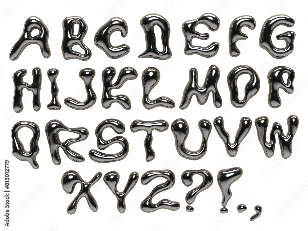 3d chrome liquid font. Silver bubble typeface. Liquid metal letters ...