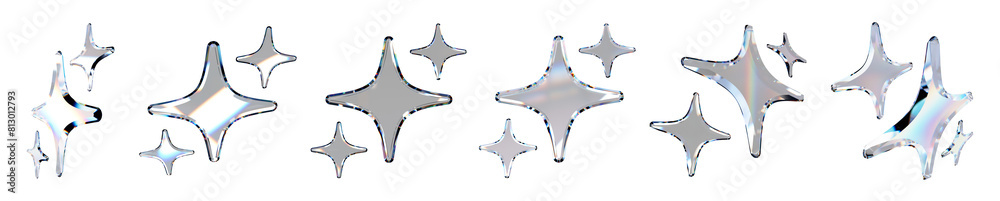 Set of 3d transparent glossy stars with dispersion effect. Rainbow ...