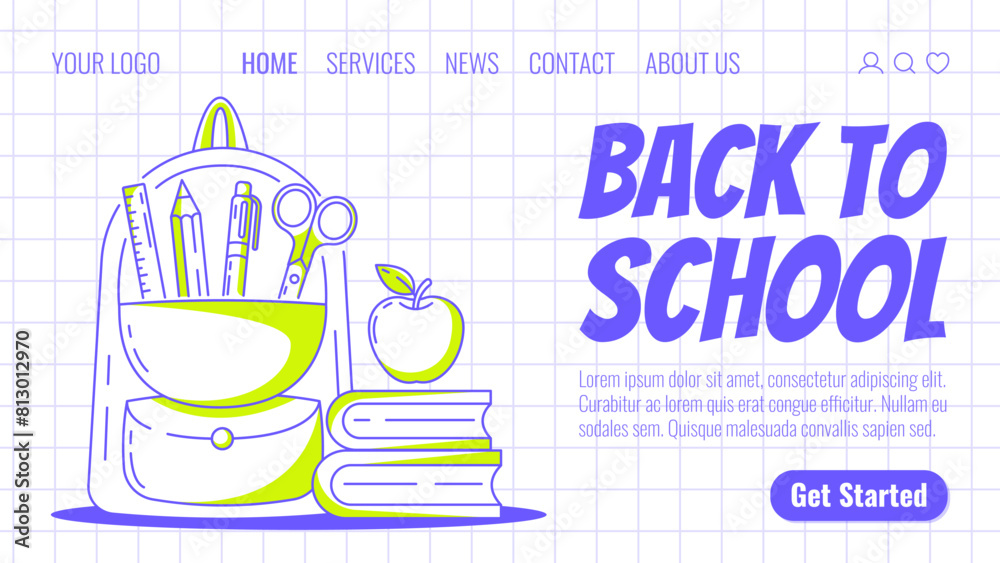 Backpack with school supplies, stack of books and apple. Back to school ...