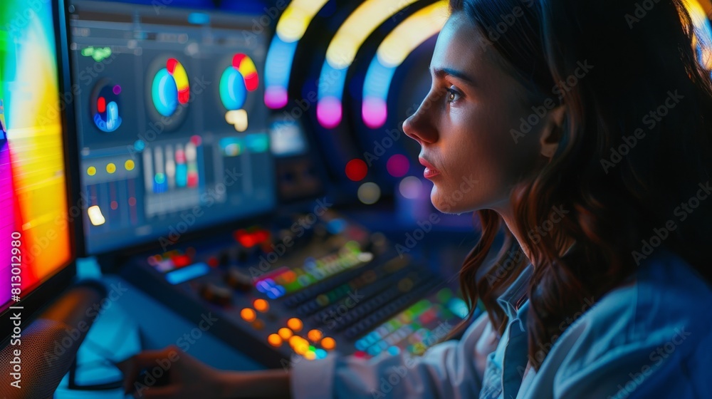 Female colorist uses color grading control panel, edits video, makes ...