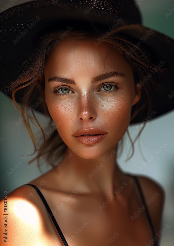 woman freckles hat posing portrait good definition cheekbones full view ...