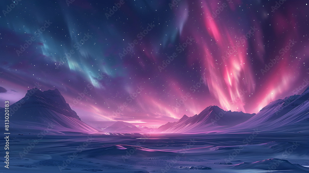 Arctic beauty: Flat design backdrop of Aurora over a frozen tundra ...