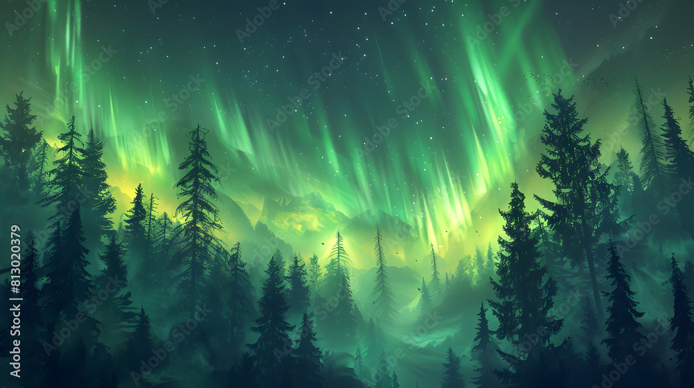 Aurora Through the Forest: The northern lights illuminate a forest with ...