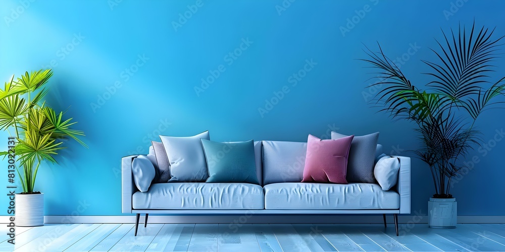 Looping animation of modern living room with blue wall and sofa ...
