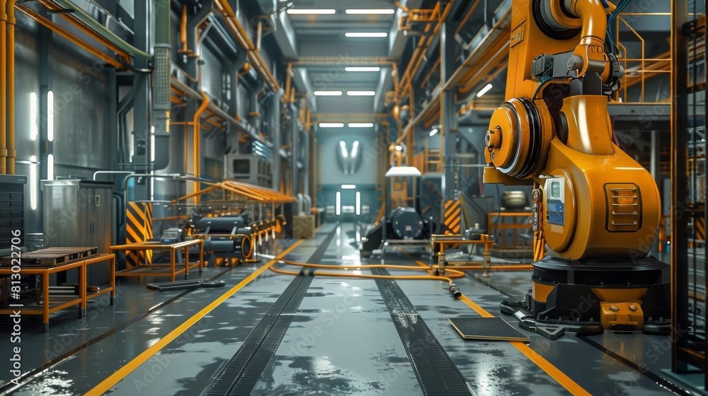 A factory setting with a blank warning sign visible, side view ...