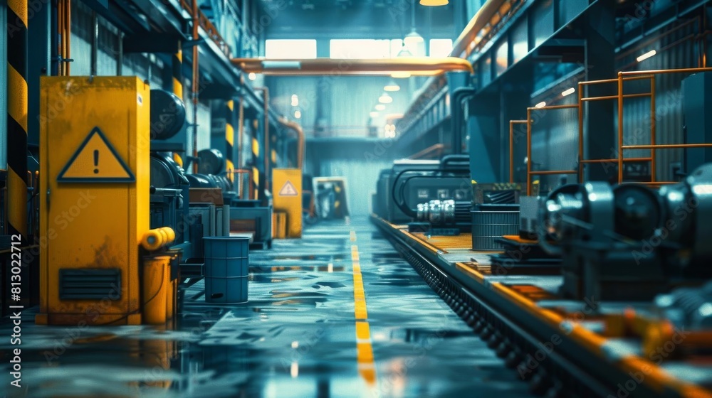 A factory setting with a blank warning sign visible, side view ...