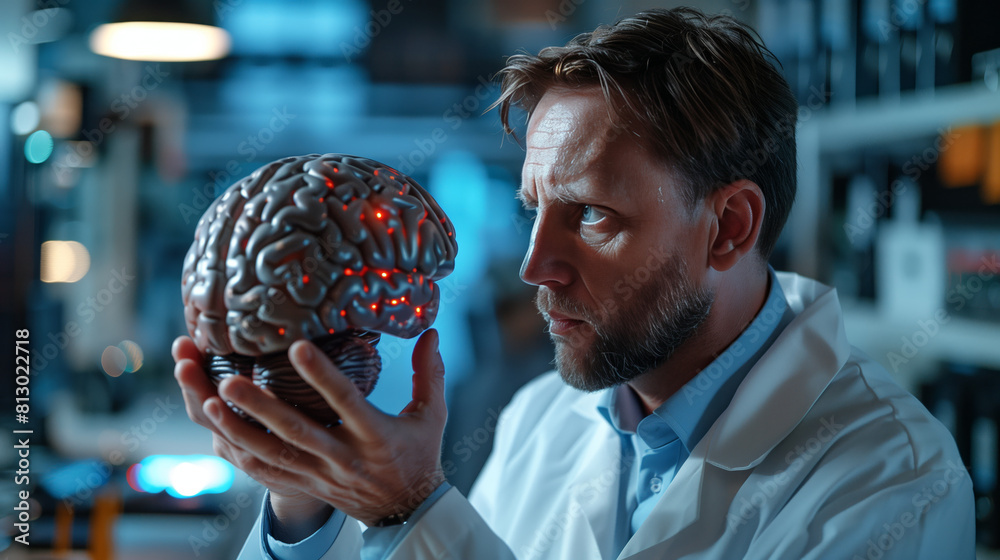 An engineer in a lab coat, holding a model of a brain with visible ...