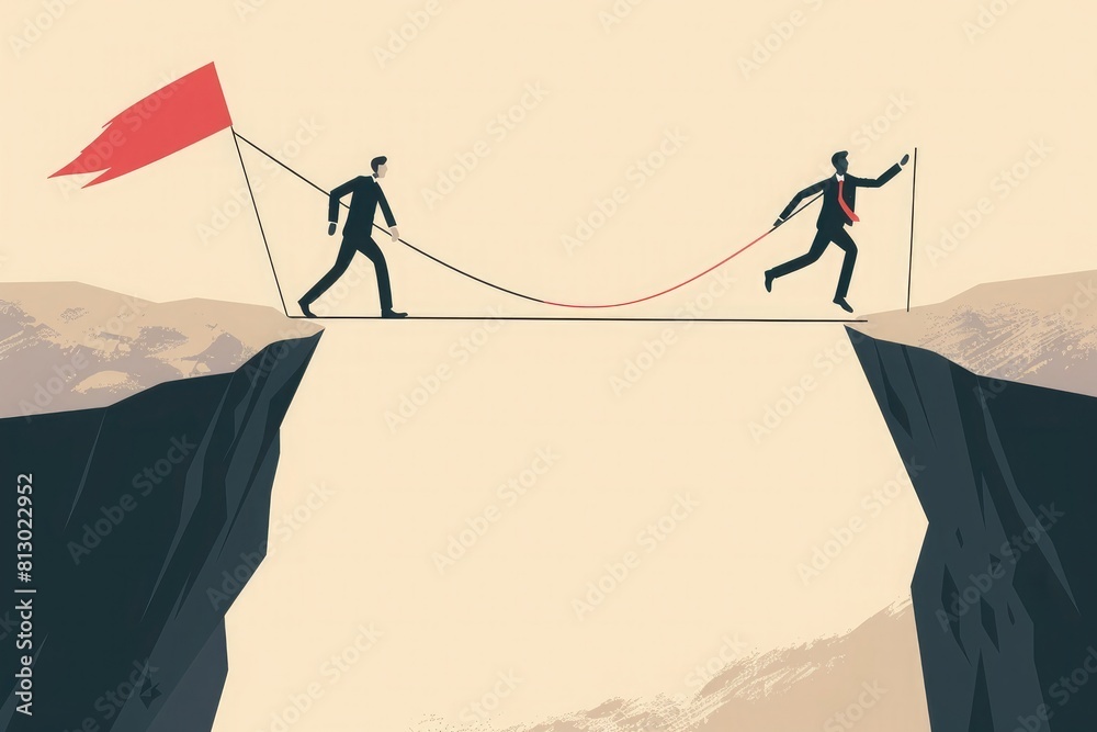 Illustration of two business men running on a tightrope above the abyss ...