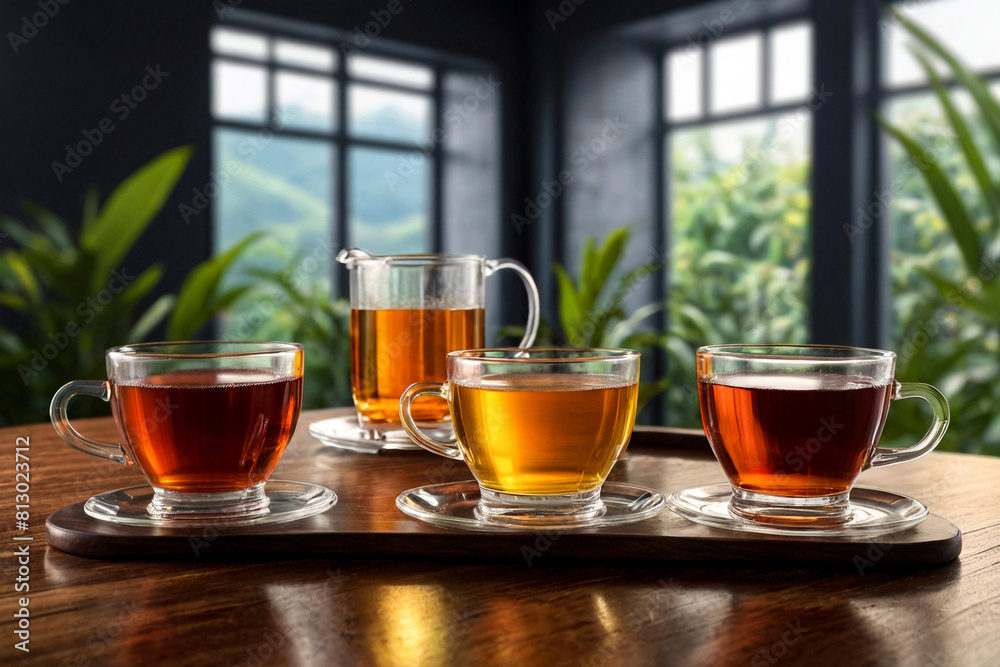 Tea factory. Set of variety ceylon teas on wooden table in meeting room ...