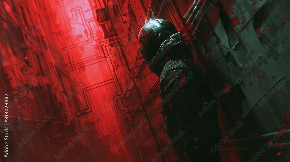 The image shows a dark figure standing in a red corridor. The figure is ...