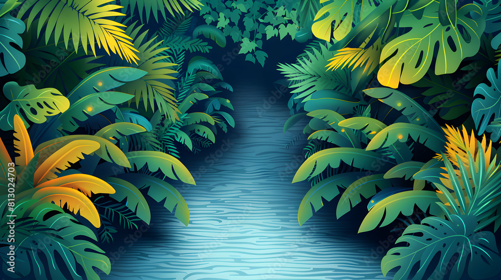 Flat Design Backdrop: Rainforest River Journey Concept A river winding ...