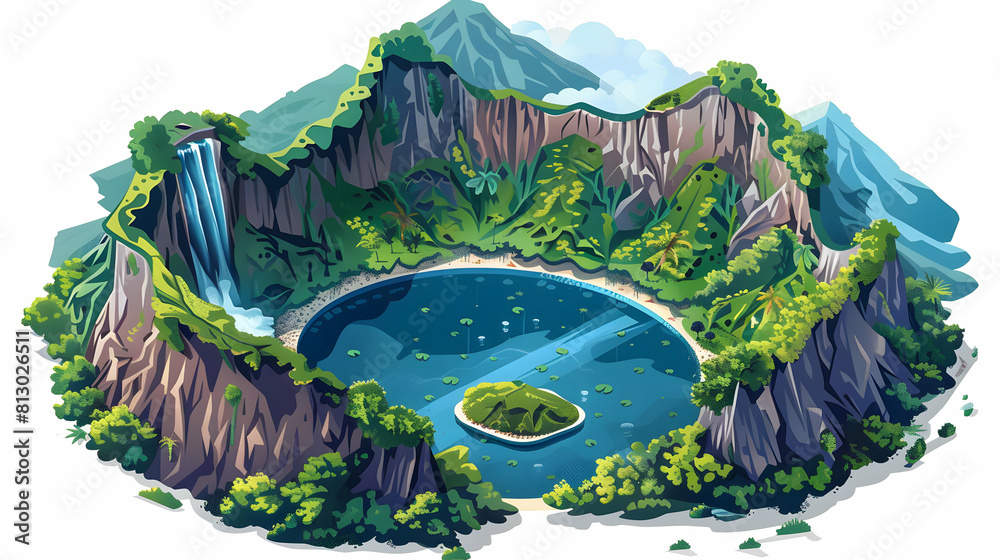 Volcanic Crater Lake: Tranquil Oasis in Ancient Volcano Isometric Flat ...