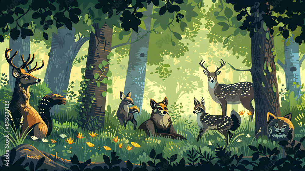 Wildlife in Old Growth Habitat: A Flat Design Backdrop Showcasing ...