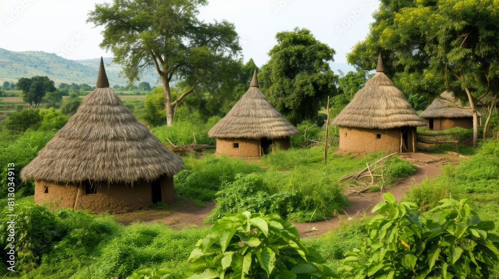 Traditional African village with huts made of mud and thatched roofs ...