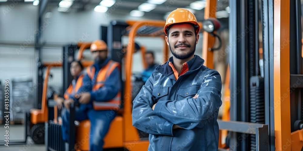 Multicultural warehouse team of forklift operators coordinating ...