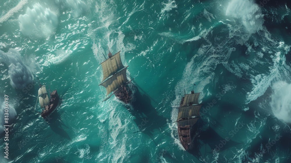 The image shows three ships sailing on a rough sea. The waves are ...