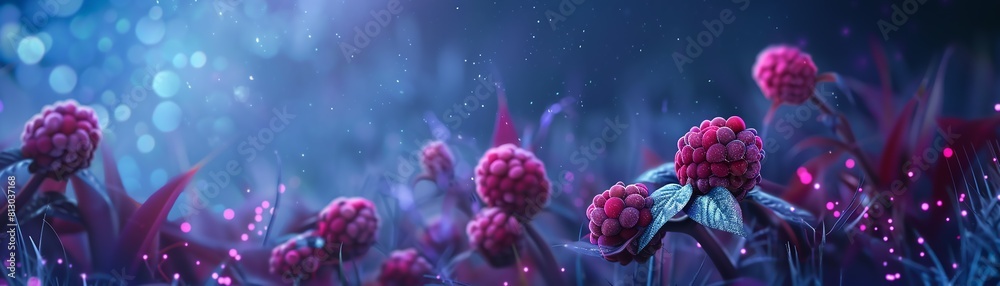 Genetically modified fruits growing in a bioluminescent garden, under a ...