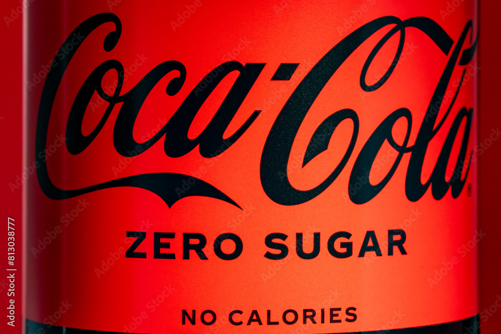 Label and trademark on plastic bottle of Zero Coca-Cola on red ...