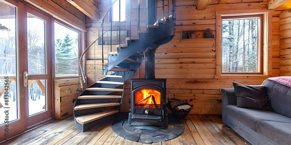 Cozy Wooden Cabin with Cast Iron Stove and Spiral Smoke Pipe. Concept ...