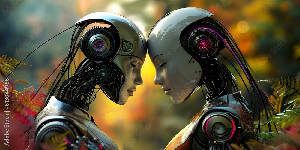Romantic lesbian robot couple touching foreheads in nature: A side view. Concept Outdoor ...