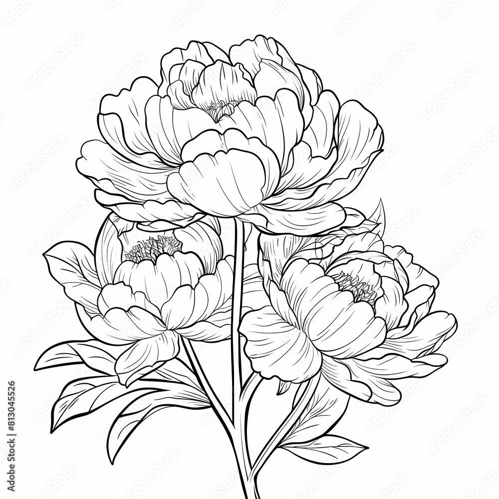 "Peony Flower Outline for Coloring Book" "Detailed Line Art of a Peony ...