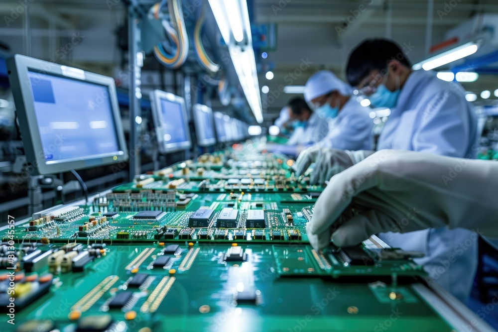 Technicians in white lab coats assembling circuit boards in a high-tech ...
