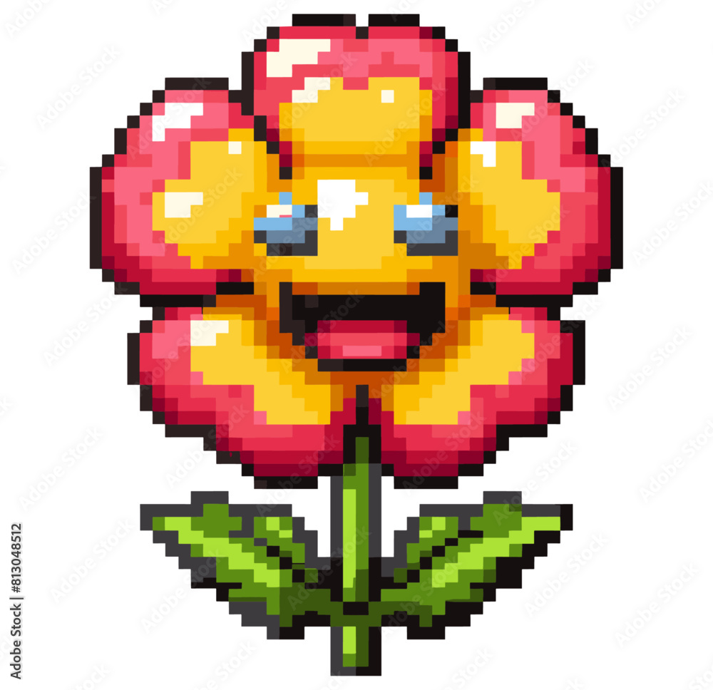 Retro game 8 bit, Pixel art flower emoji icon set, Emoticon with ...