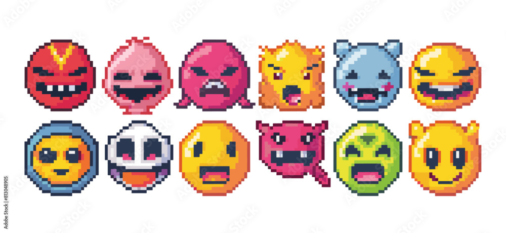 8 bit pixel art retro game emoji icon set with emoticon cute faces for ...