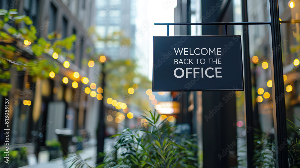Welcome back to the office on a city-center sign in front of a modern ...