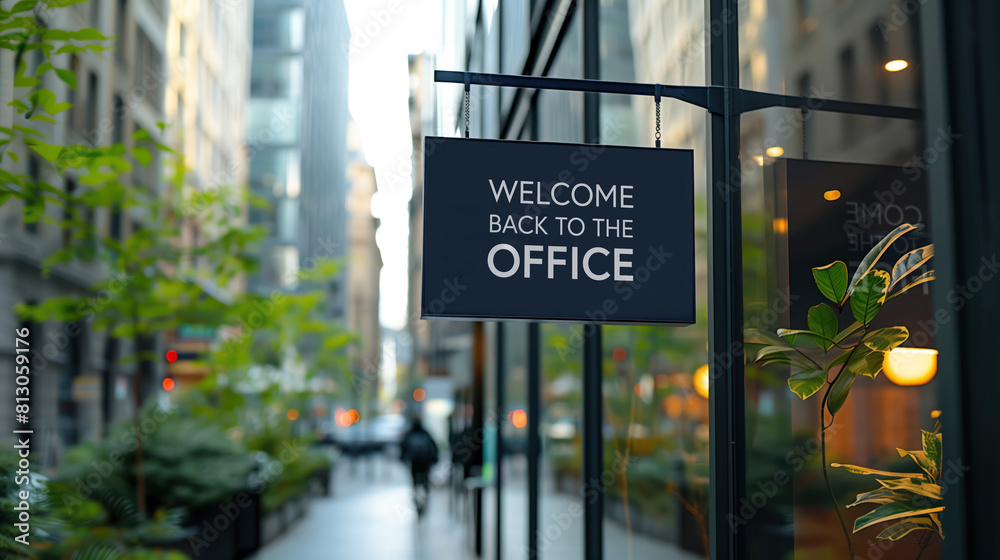 Welcome back to the office on a city-center sign in front of a modern ...